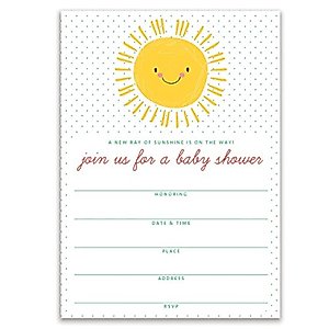 DB Party Studio Baby Shower Invitations Happy Sunshine Gender Neutral Sunny Smile Blank Invites with Envelopes ( Pack of 50 ) Large 5x7” Fill In Boy Girl Infant Mom-To-Be Smiling Sun Newborn VI0077