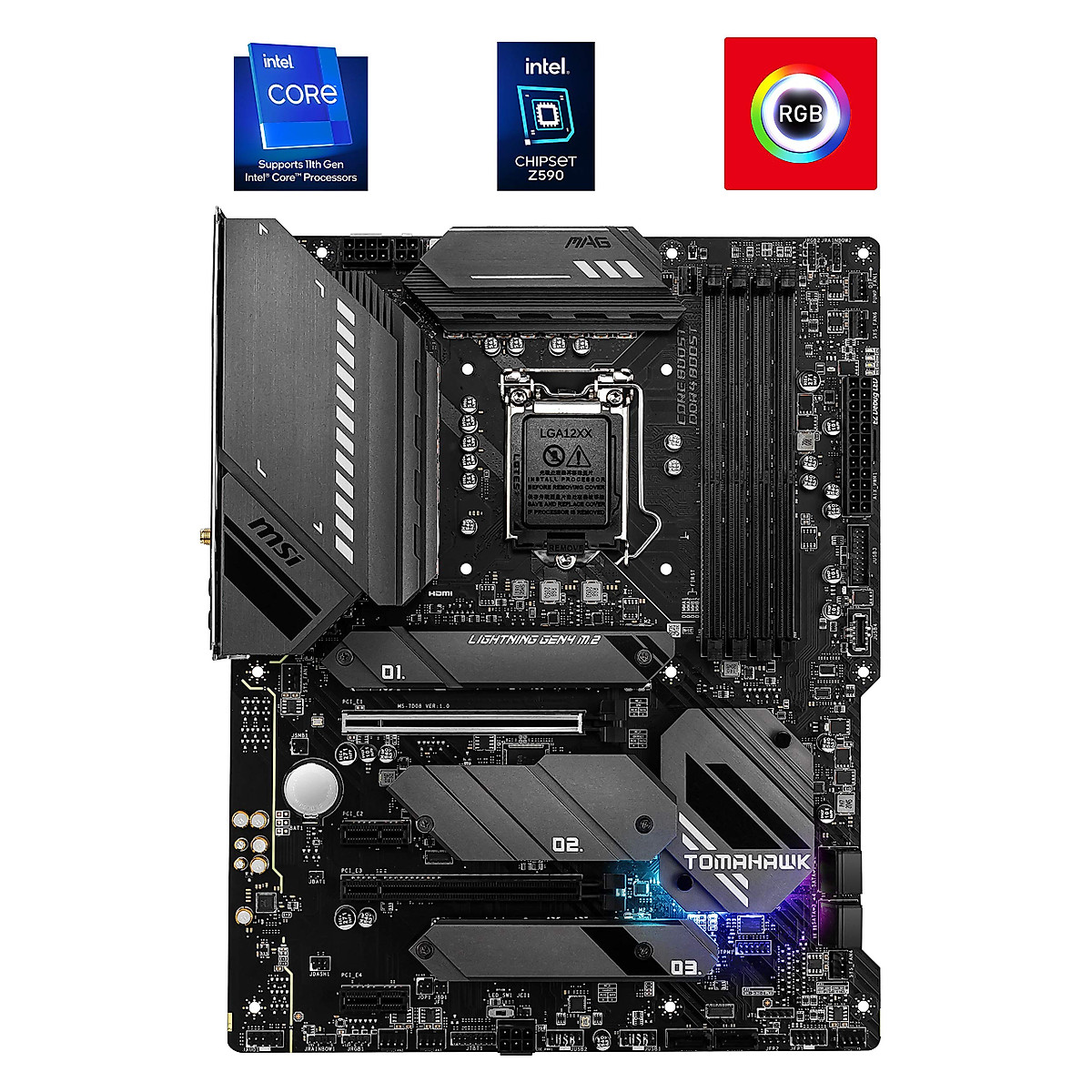 MSI MAG Z590 TOMAHAWK WIFI Gaming Motherboard (ATX, 11th/10th Gen Intel Core, LGA 1200 Socket, DDR4, PCIe 4, CFX, M.2 Slots, USB 3.2 Gen 2, Wi-Fi 6E, DP/HDMI, Mystic Light RGB)