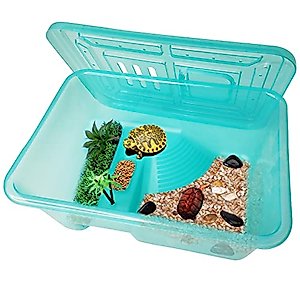 Fhiny Turtle Tank Aquarium, Plastic Turtle Habitat with Platform Plants Breeding Box with Lid Basking Platform Terrapin Lake Prevent Climbing Escaping for Tortoise Crayfish Crab (Small)
