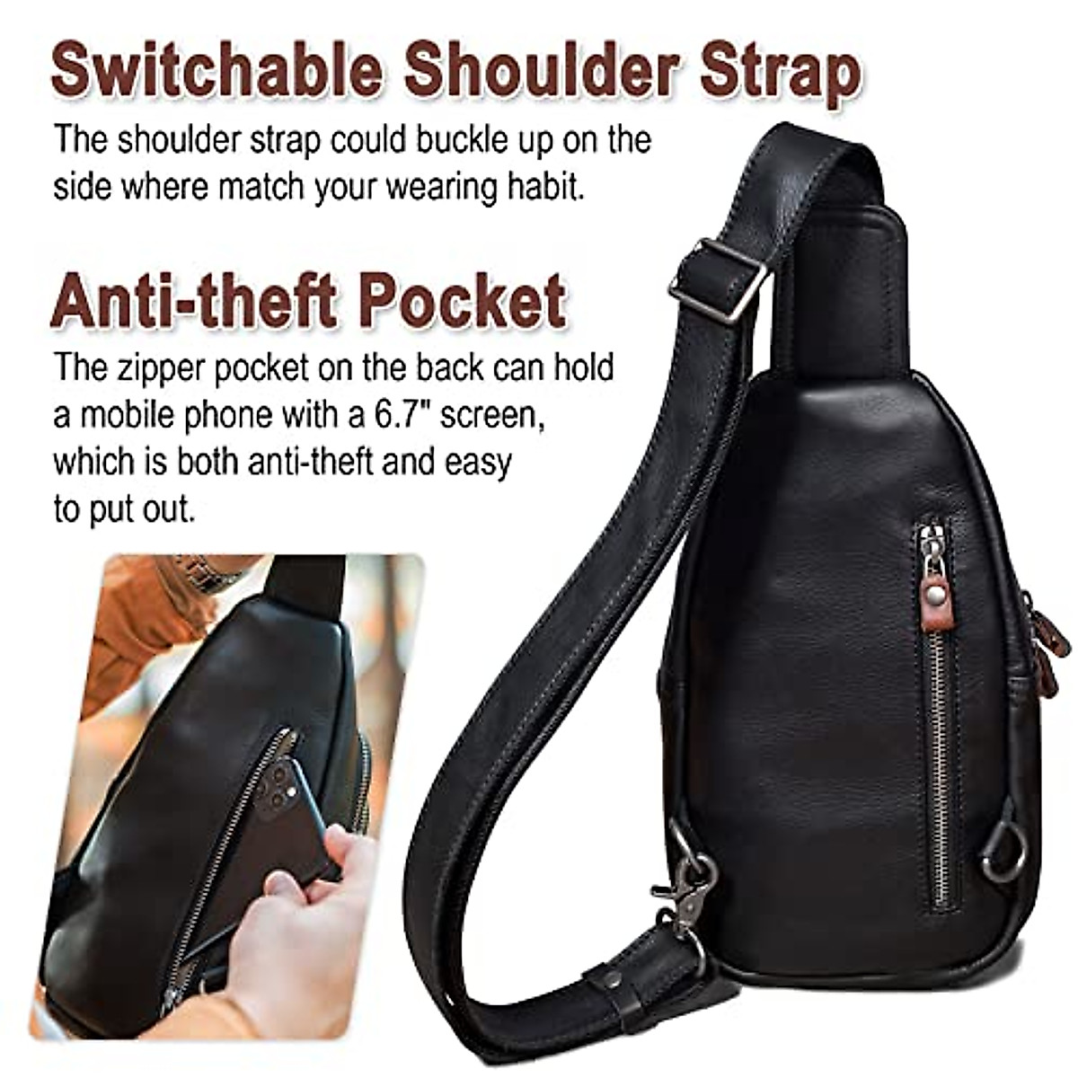 CENUNCO Genuine Leather Sling Bag for Men and Women Crossbody Sling Backpack Concealed Carry Chest Purse Black Casual Daypack Anti-Theft Travel Pouch