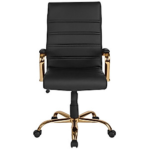 EMMA + OLIVER High Back Black LeatherSoft Executive Swivel Office Chair with Gold Frame/Arms