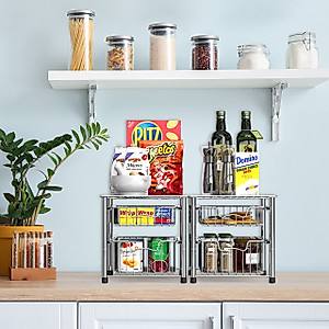 SimpleHouseware Stackable 2 Tier Sliding Basket Organizer Drawer, Chrome