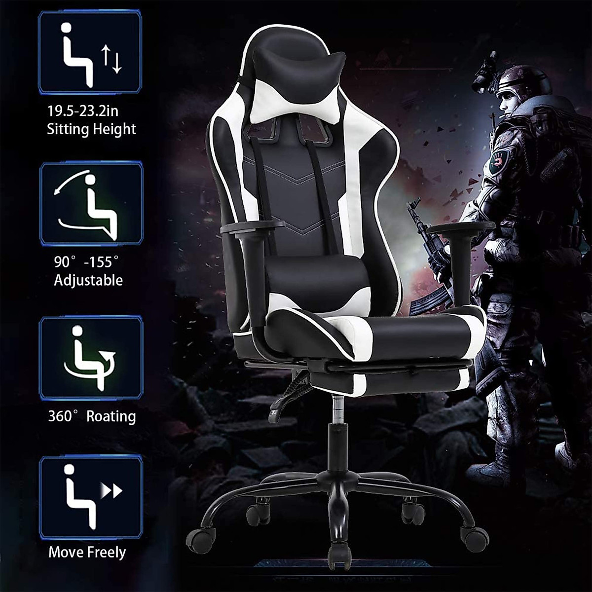 Gaming Chair with Footrest, Ergonomic Office Chair, Adjustable Swivel Leather Desk Chair, Reclining High Back Computer Chair with Lumbar Support and Headrest, Racing Style Video Gamer Chair