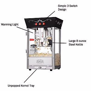 Matinee Popcorn Machine - 8oz Popper with Stainless-Steel Kettle, Reject Kernel Tray, Warming Light, and Accessories by Great Northern Popcorn (Black)