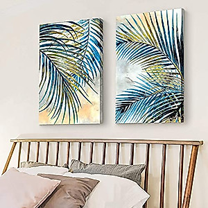SunFlax Palm Tree Canvas Wall Art: Tropical Leaves Picture Nature Modern Botanical Artwork Abstract Plant Print Teal Watercolor Painting for Living Room Bathroom Bedroom
