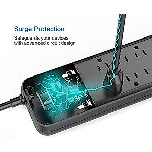 Power Strip, HITRENDS Surge Protector with 10 Outlets and 3 USB Ports (5V/2.4A) & 1 USB-C Port (5V/3A), 1875W/15A, 3600 Joules, Flat Plug, Spaced Outlets with 6ft Extension Cord for Home Office