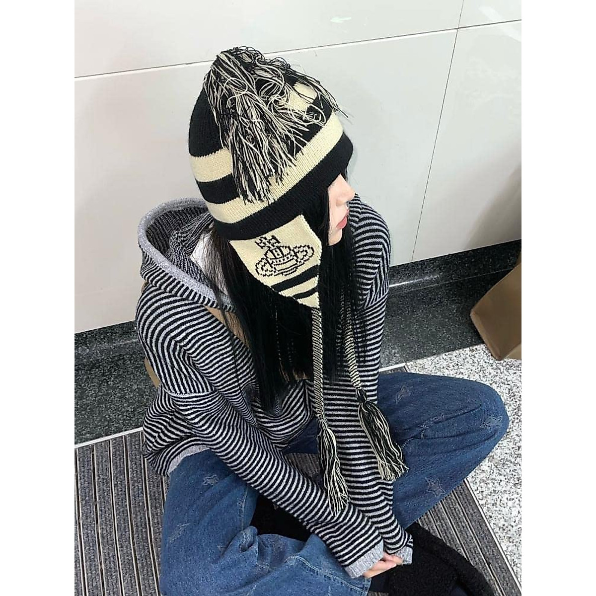 CEINOM Anime Cosplay Beanies Hats Girl Women Tassel Ear Protection hat Warm Cap Grunge Accessories Slouchy Beanies for Women (Black,One Size)