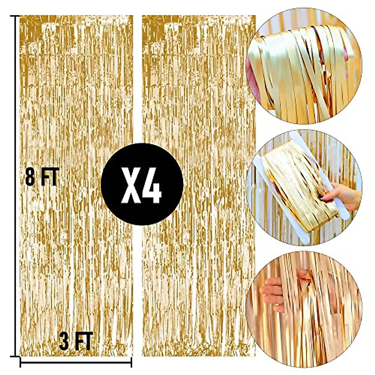Dazzle Bright 4 Pack Backdrop Curtain, 3FT x 8FT Metallic Tinsel Foil Fringe Curtains Photo Booth Background for Baby Shower Party Birthday Wedding Engagement Bridal Shower (Champagne Gold)