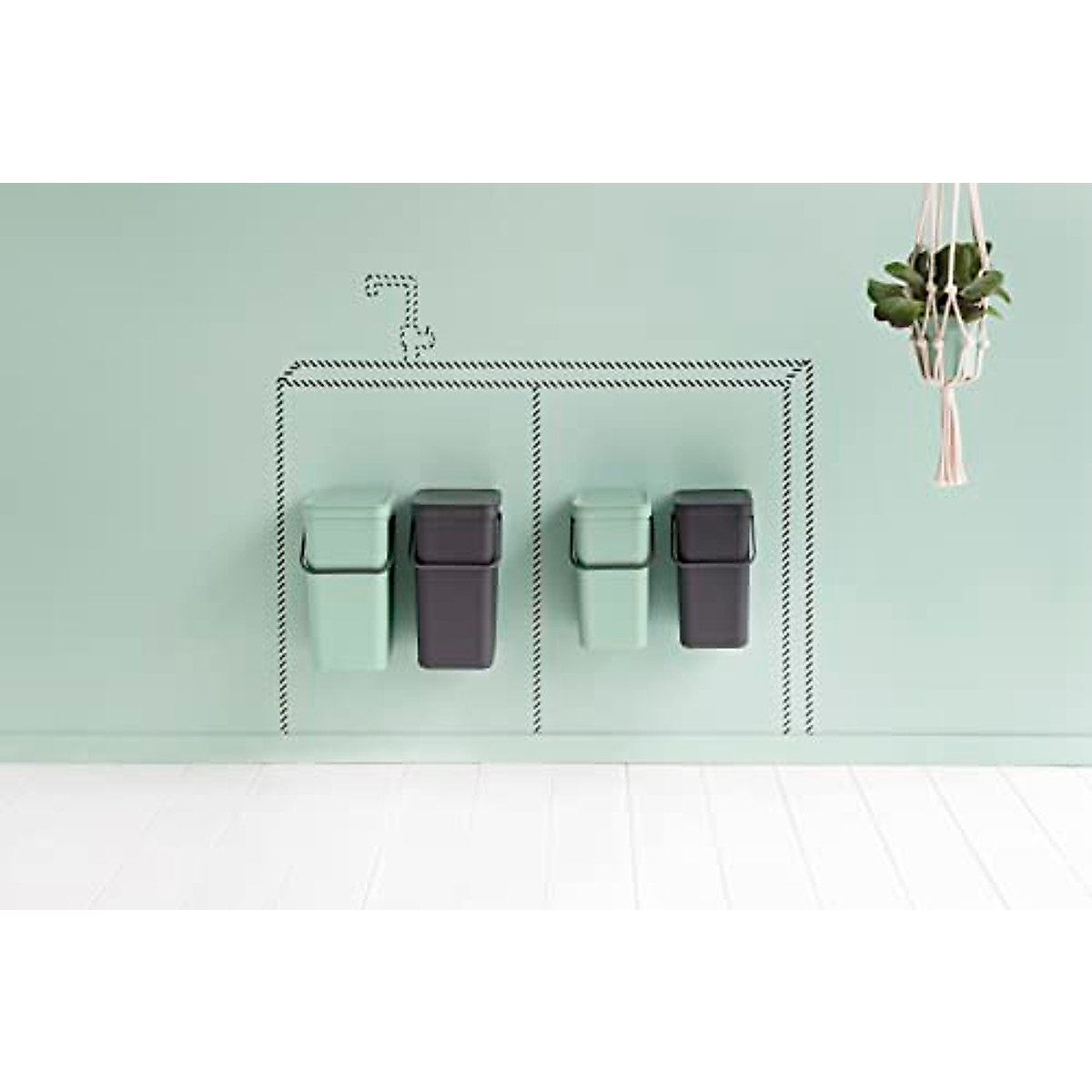 Brabantia Sort & Go Built-in Cupboard Recycling Cans (2 x 4.2 Gal/Dark Gray & Jade Green) Double Door Mounted Trash Organisers with Handles & Removable Lids