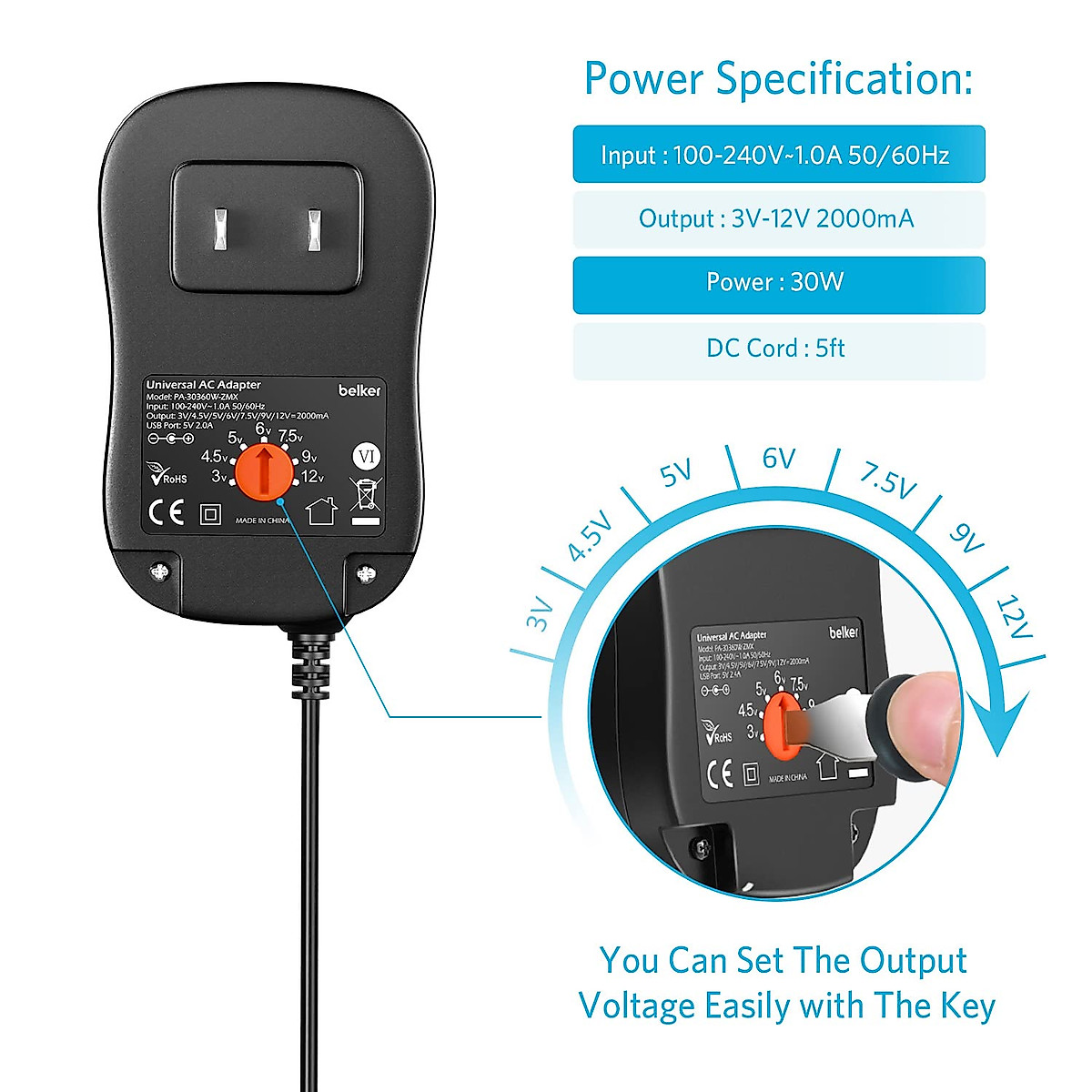 Belker 30W Universal 3V 4.5V 5V 6V 7.5V 9V 12V AC DC Adapter Power Supply for LED Light Strip Router Speaker Smart Phone Tablet CCTV IP Camera TV Box 0.5A 1A 1.5A 2A 2000mA Amp - with 5V 2A USB