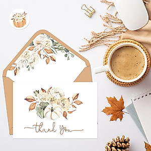 Whaline 50 Pack Fall Thank You Cards Bulk Watercolor Autumn Floral Pumpkin Note Cards with Envelopes Stickers Retro Blank Cards for Thanksgiving Harvest Wedding Baby Bridal Shower