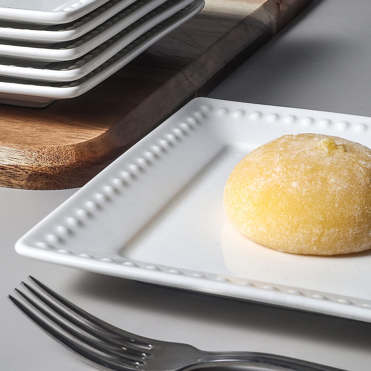 Wareland Bright White Embossed Dots Square Dessert Plates Set of 6 & 8 inch Embossed Salad Plates Set of 4