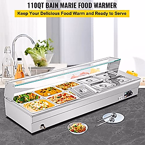 Commercial Food Warmer Bain Marie with Glass Shield - 10 Pan x 1/2 GN, 6-Inch Deep, 1500W Electric Countertop Food Warmer
