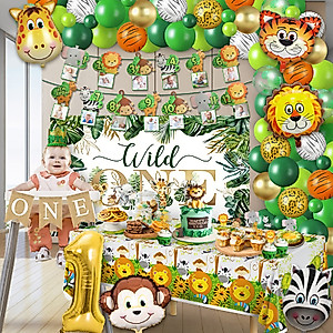 Wild One Birthday Decorations for Boys, Safari First Birthday Decorations, include Backdrop, Tablecloth, Balloon Arch, Highchair Banner, Monthly Photo Banners, Crown, Jungle Animals Foil Balloons