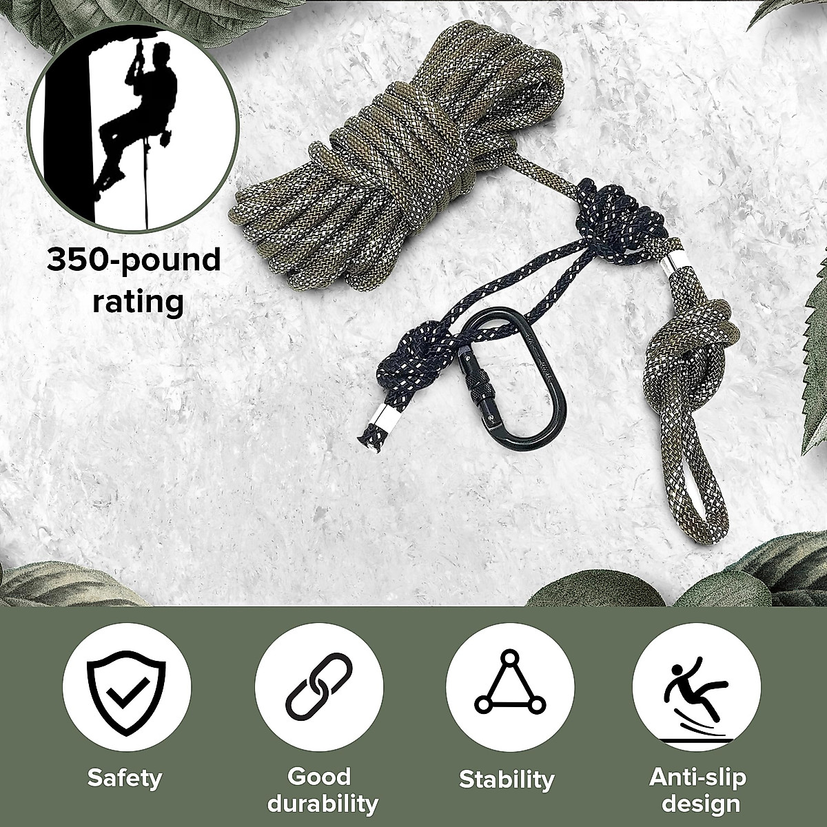 Reflective Safety Rope for Tree Stand - 30ft Premium Treestand LifeLine Rope Hunting - Safety Harness Lifeline Rope. Treestand Safety Harness Rope Camo with Prusik knot life line and Carabiner
