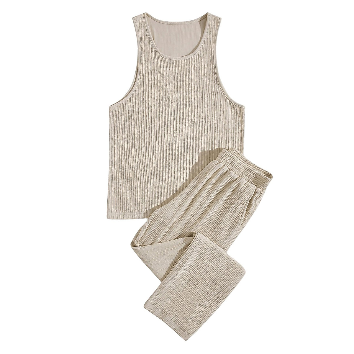 GORGLITTER Men's 2 Piece Rib Knit Outfits Casual Sleeveless Tank Top Elastic Waist Pants Set Apricot Medium