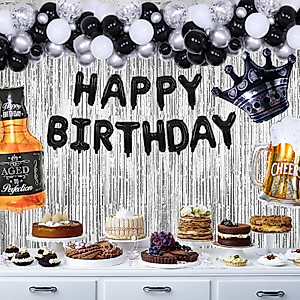 Black and White Birthday Decorations for Men Women Boys Girls 94pcs Black Silver Balloons Arch Garland Kit Party Decorations for Him Her with Happy Birthday Banner Fringe Curtain Whiskey Bottle