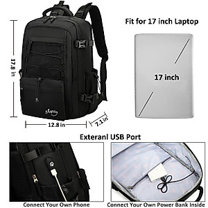 Travel Backpack for Women Men 17 Inch Laptop Backpacks with USB Port Carry on Bag Airline Approved Large College School Bookbags Waterproof Work Business Sport Rucksack Casual Daypack (Black)