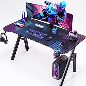WEMUZVIU 47 Inch Gaming Desk, Ergonomic Carbon Fiber Surface Computer Table, A-Shaped PC Gamer Workstation with Cup Holder & Headphone Hook, Home Office Desk (ZK-A, 47 INCH)