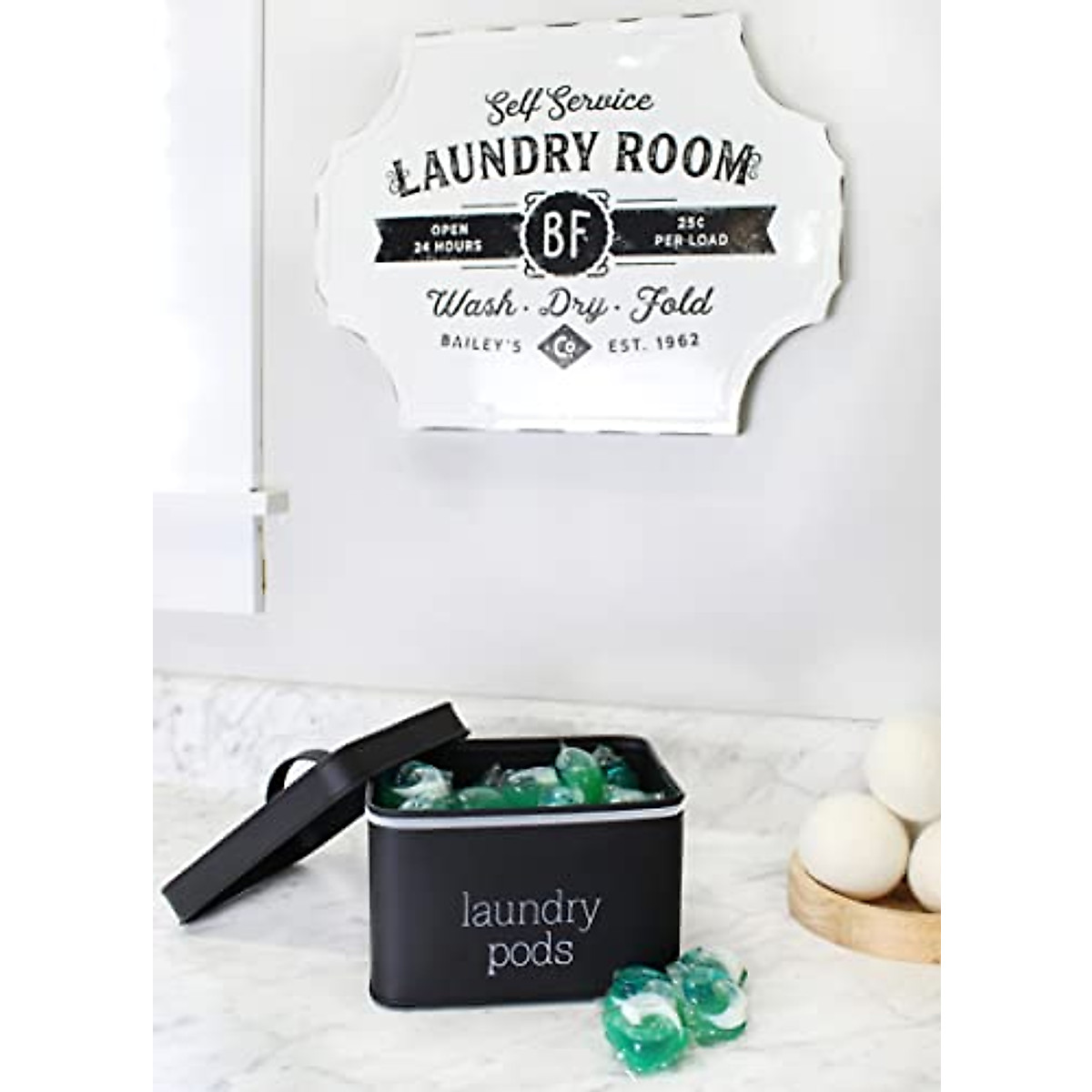 AuldHome Enamelware Laundry Pod Holder (Black), Modern Farmhouse Laundry Pod Storage Container