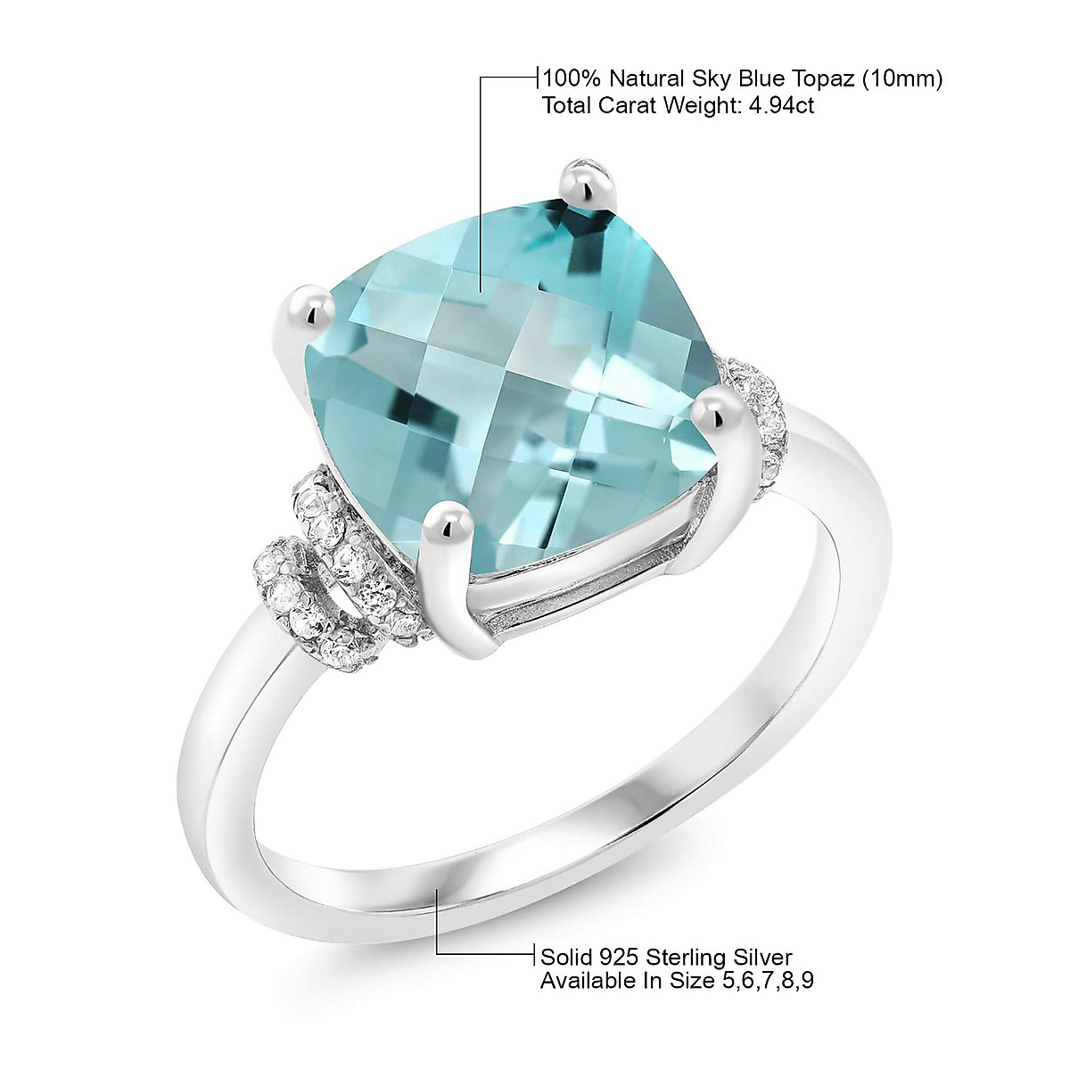 Gem Stone King 925 Sterling Silver Sky Blue Topaz Ring For Women (4.94 Cttw, Cushion Checkerboard 10MM, Gemstone Birthstone, Available in size 5, 6, 7, 8, 9)