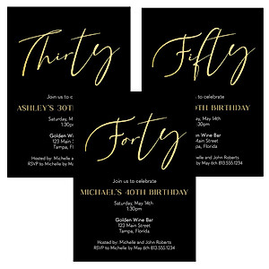 Birthday Party Invitations 30th 40th 50th Thirty Forty Fifty Milestone Bday Black Gold 30 40 50 Customized Printed Invites (12 count)