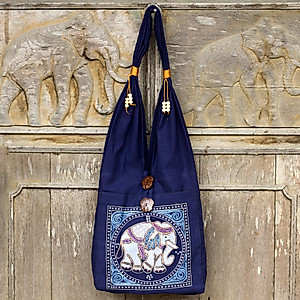 NOVICA Artisan handcrafted cotton handbag shoulder handbags blue royal classic snorkel patterned thailand animal themed elephant ' lucky elephant'