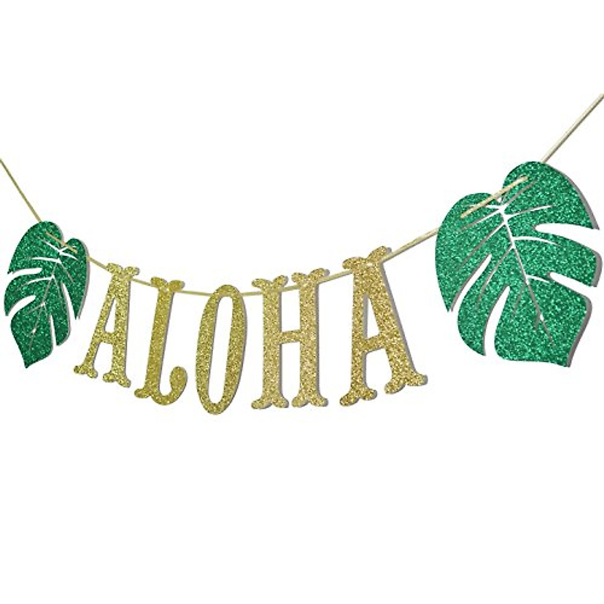 Hawaiian Aloha Banner Decorations with Palm Leaves Garland for Hawaiian Tropical Luau Beach Summer Party Supplies Decor Favors Bunting Photo Booth Props Sign (Gold & Green Glittery)