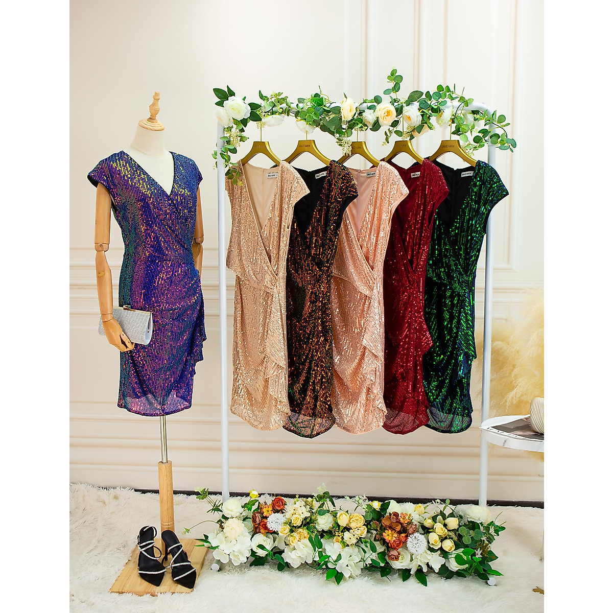 GRACE KARIN Women Sexy Sequin Dress Wrap V Neck Bodycon Cocktail Dresses for Wedding Guest Black XL