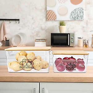 Xbopetda Potato Onion Storage, Potato Bin with Bamboo Lid, Transparent Acrylic Potato Container Onion Keeper, 2 Set Stackable Onion Storage, Pantry Kitchen Counter Organizer for Potatoes Onions-Clear