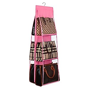 Lirex Handbag Hanging Organizer, 6 Pockets Foldable Hanging Purse Organizer Oxford Cloth Handbag Storage Hanger Universal Fit Closet Organizer for Family Closet Bedroom, Pink