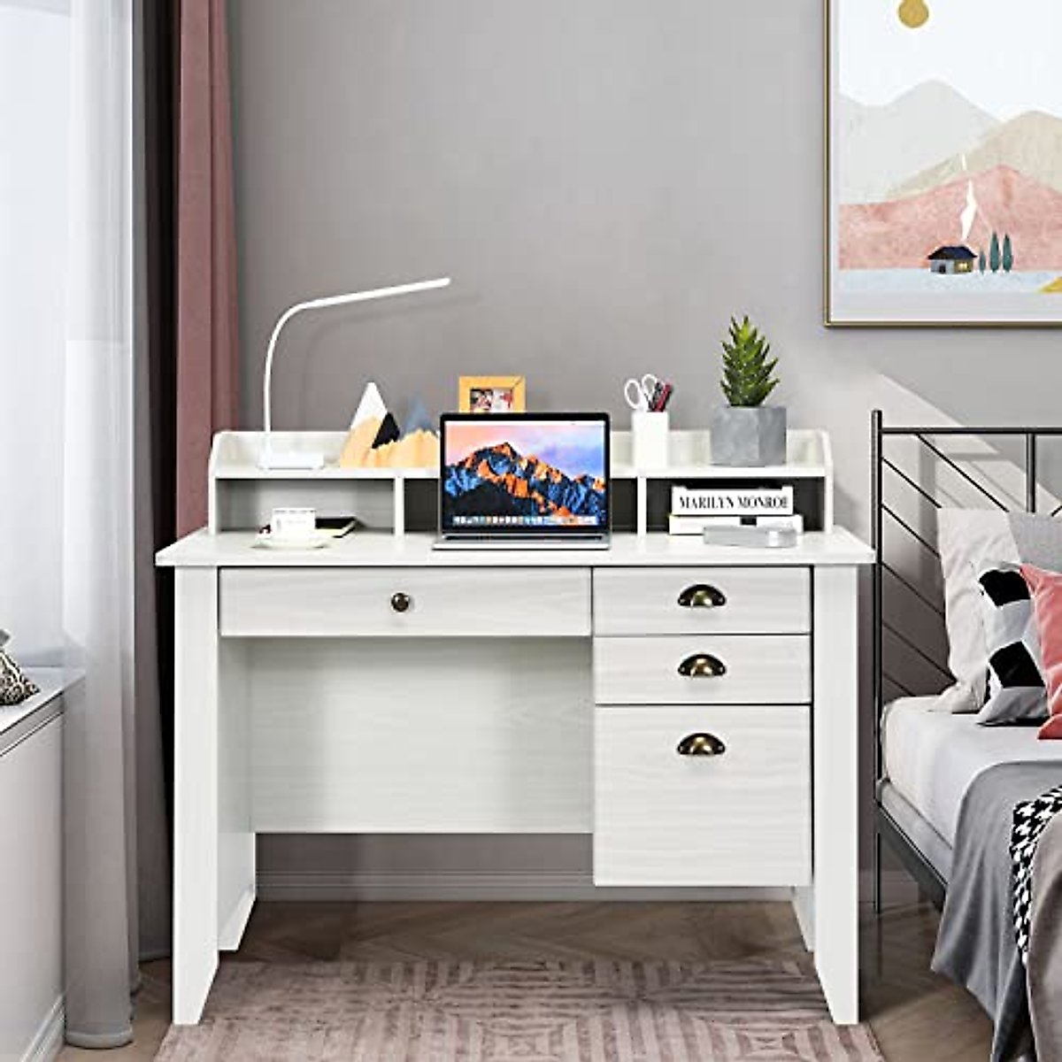 GLOBALWAY 2 Tier Shelves, Study and Writing Three Side, Laptop Table with a Smooth Slide-Out Long Drawer, for Home &Office Computer Desk, White