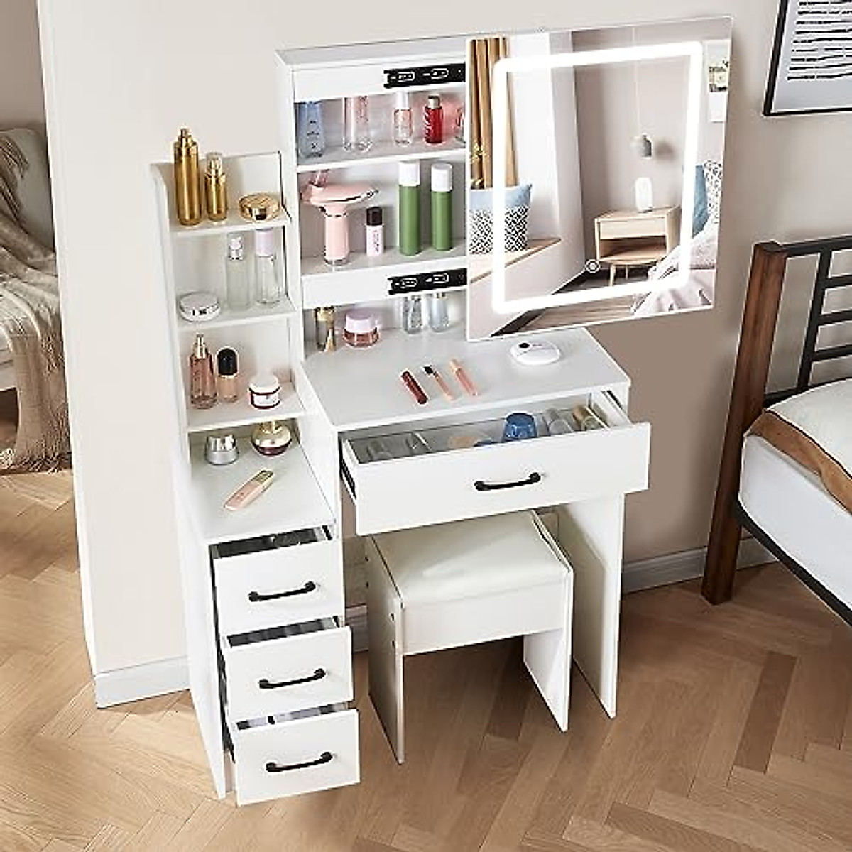 Vanity Desk with LED Light in 3 Colors, Modern Vanity Table with 4 Drawers and 7 Shelves, 3 Lighting Modes Dressing Table with Chair and Sliding Mirror for Bedroom