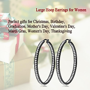 2 Inch Black Large Hoop Earrings for Women Stainless Steel Hypoallergenic Big Hoop Earrings White Cubic Zircon Hoops Rhinestone Crystal Earrings for Sensitive Ears 50mm