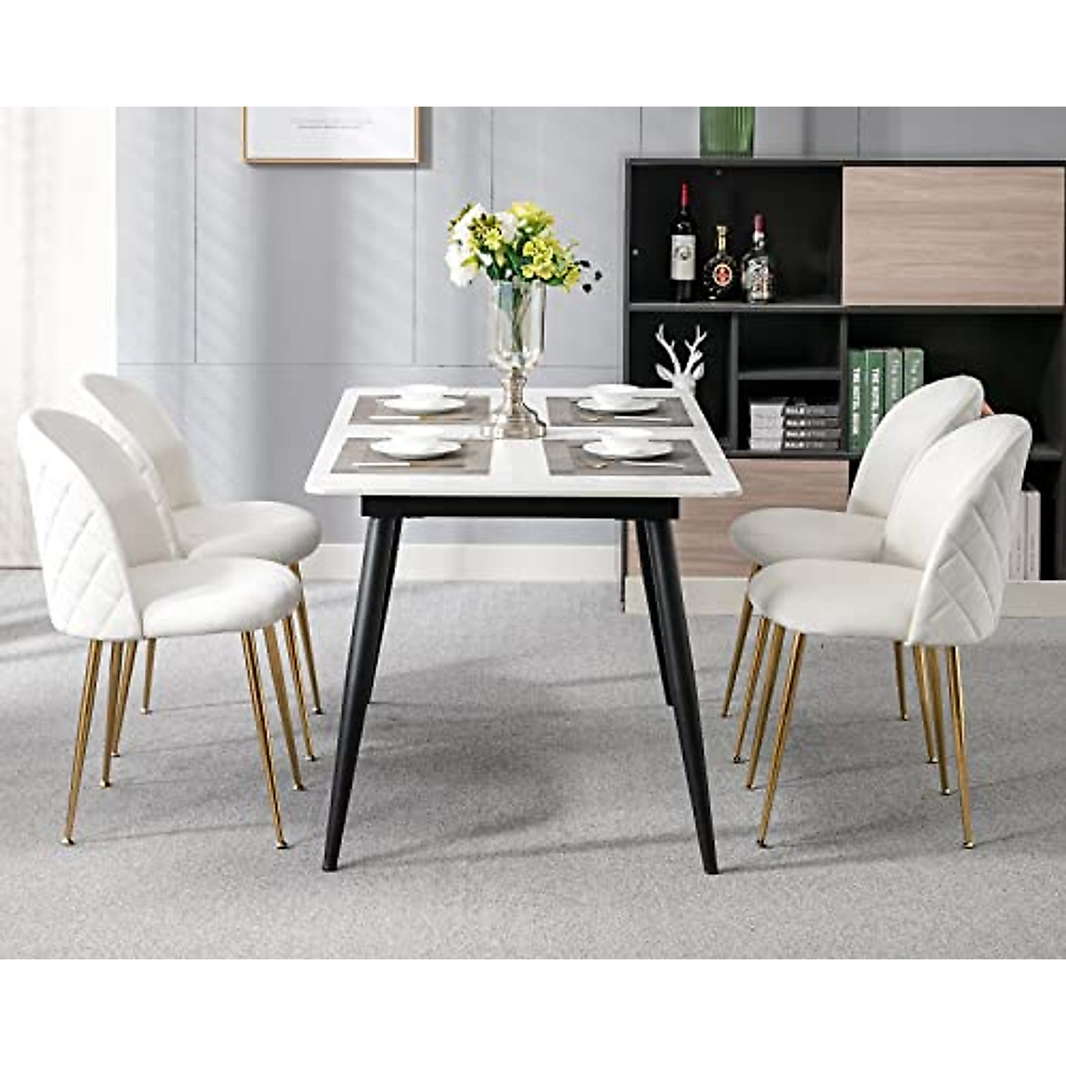 HNY White Velvet Mid Century Modern Dining Chairs Set of 4, Upholstered Accent Chairs with Gold Metal Legs, Kitchen & Dining Room Chairs Side Chairs for Living Room, Cream