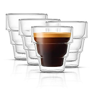 JoyJolt Pila Double Walled Espresso Glasses, Set of 4 Espresso Cups 3 Ounce Capacity. Stackable Thermal Clear Glass Cups, Ideal Fit for Espresso Machine and Coffee Maker