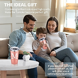 Leraverppy Personalized 20oz with Initial Stainless Steel Coffee，Leak Proof Rose Gold Tumbler with Lid And Straw Double Wall Thermal Cups for Hot and Cold Drinks Monogrammed Gifts for Women（C20-M）