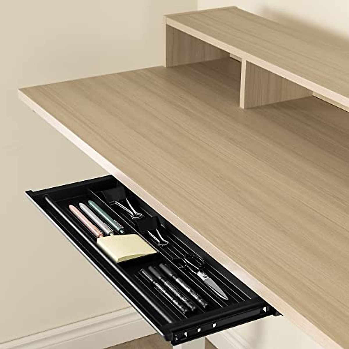 South Shore Majyta Adjustable Height Standing Desk with Built In Power Bar Soft Elm and Matte Black, Contemporary