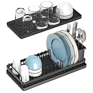 CHLORYARD Small Dish Drying Rack, Compact Sink Dish Rack with 2pcs Silicone Drying Mats, Dish Drainer Kitchen Sink Organizer Sponges Holder for Kitchen Counter, Bar, Bottle, Cup