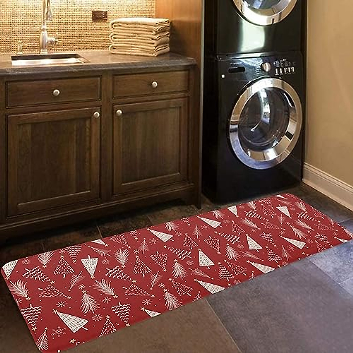 Libaoge Christmas Kitchen Mat Rug 1 PCS Xmas Tree Red Background Runner Rug Anti-Fatigue Comfort Memory Foam Standing Mat Non-Slip Floor Door Mat for Bathroom Bedroom 20x63in