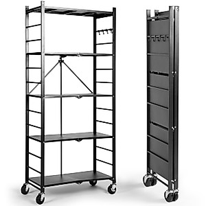 Regaliance Foldable Shelves with Wheels | 5-Tier Metal Shelving Unit - Tiered Shelf Organizer Solution - Strong & Stylish. Use Anywhere from Kitchen Racks and Shelves to Laundry Room Storage Rack
