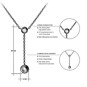 555Jewelry Womens Stainless Steel Metal Charming Lariat Style Y Droplet Cable Chain Brilliant Drop Round CZ Layered Hypoallergenic Fashion Jewelry Accessory Pendant Necklace, Black 18 Inch
