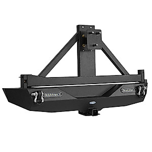 Hooke Road Offroad Rear Bumper with Spare Tire Carrier for 2007-2018 Jeep Wrangler JK & Unlimited 2/4 Doors, Built-in Hitch Receiver & LED Lights & D-rings