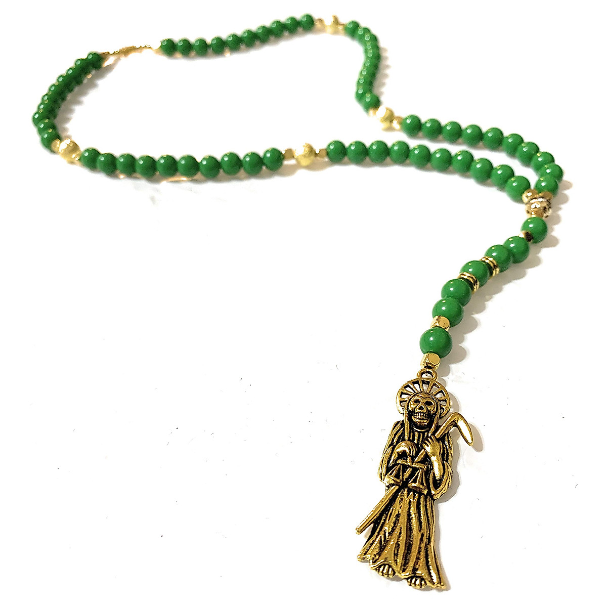 Acrylic Holy death's necklace, rosary style. Collar de la Santa Muerte de acrilico estilo rosario. Grim reaper Y style necklace.