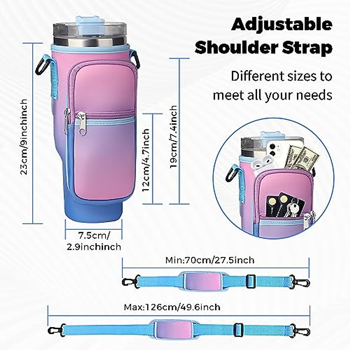 GOOJU Water Bottle Carrier Bag, compatible with Stanley 40oz Tumbler Cup, featuring a Crossbody holder strap with Carabiners Suitable for school water bottles outdoor activities indoor yoga hiking.