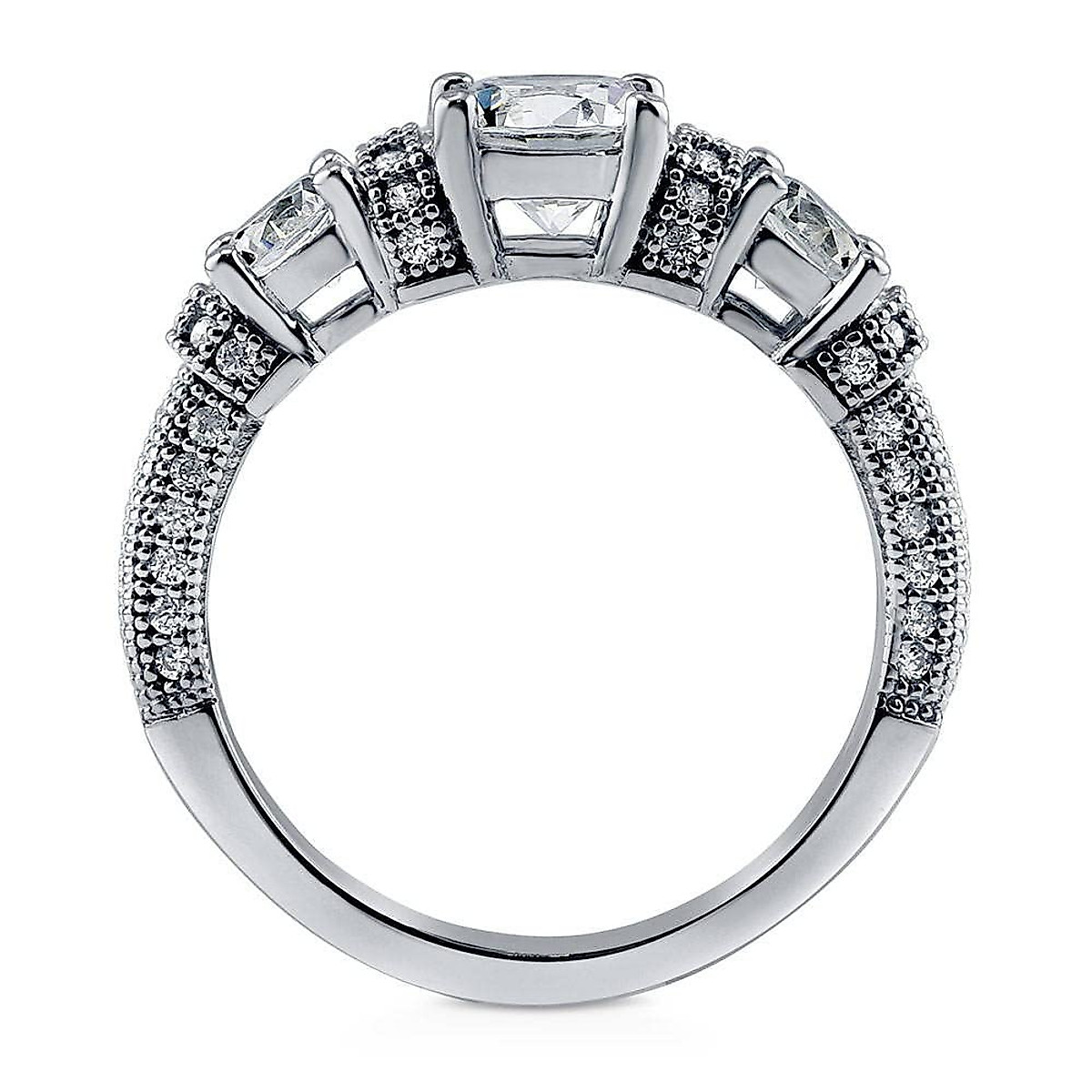 BERRICLE Sterling Silver 3-Stone Wedding Engagement Rings Round Cubic Zirconia CZ Art Deco Promise Ring for Women, Rhodium Plated Size 9