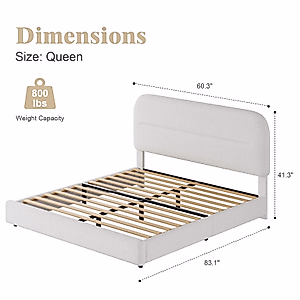 HOMBCK Queen Size Boucle Bed Frame, Upholstered Bed Frame with Headboard, Soft Cloud Bed Frame with Thickened Footboard, Rounded Corners, No Box Spring Needed, Easy Assembly, White