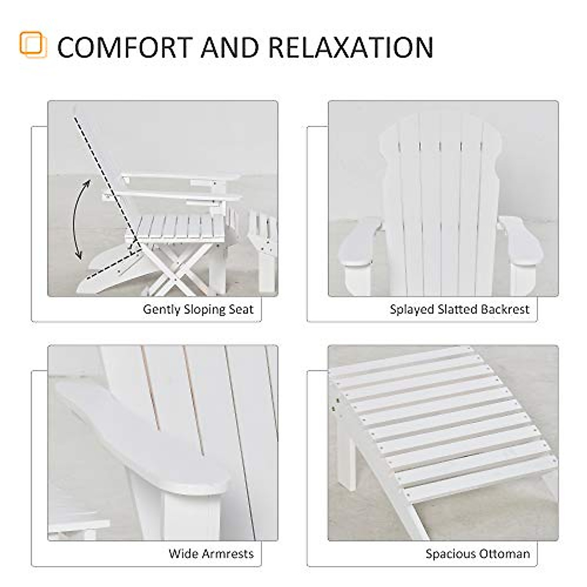 Outsunny 3-Piece Folding Adirondack Chair with Ottoman and Side Table, Outdoor Wooden Fire Pit Chairs w/High-Back, Wide Armrests for Patio, Backyard, Garden, Lawn Furniture, White