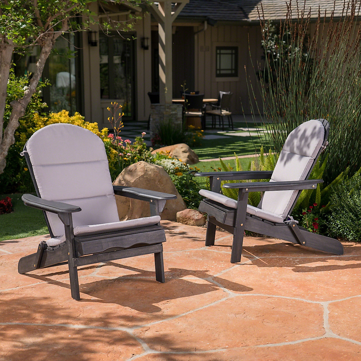 Christopher Knight Home 304632 Nelie Outdoor Acacia Wood Adirondack Chairs (Set of 2), Grey Cushion, Dark Gray, Gray