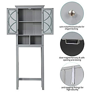 glitzhome 68.25 Inch Wooden Free Standing Storage Cabinet with Double Glass Doors Bathroom Cabinet Spacesaver Grey